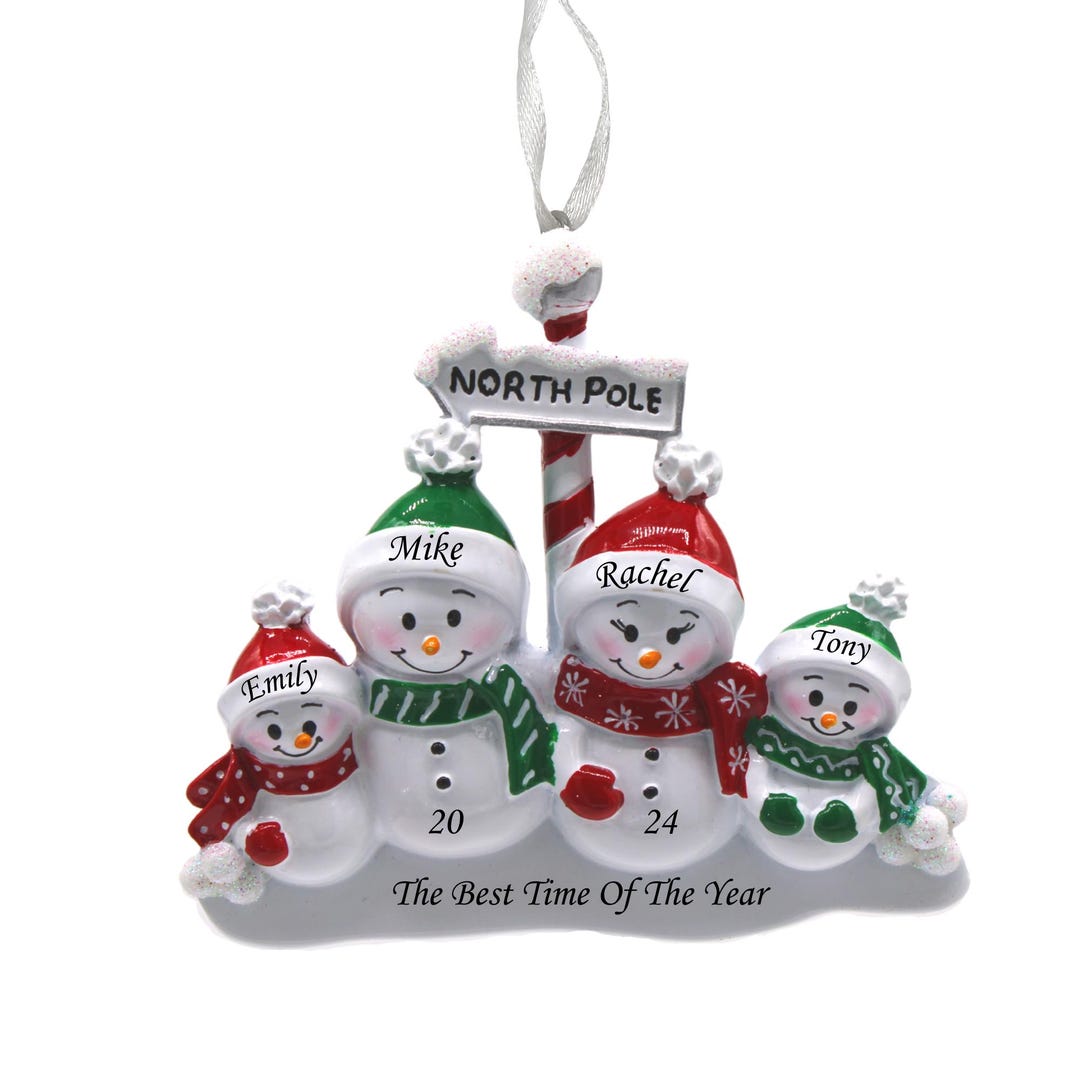 North Pole Snowman Family of 4 Personalized Christmas Tree Ornament ...