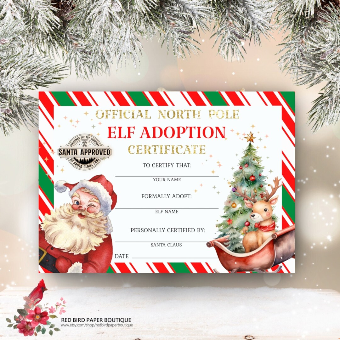 PRINTED Elf Adoption Certicate, Personalized Elf Adoption Certificate ...