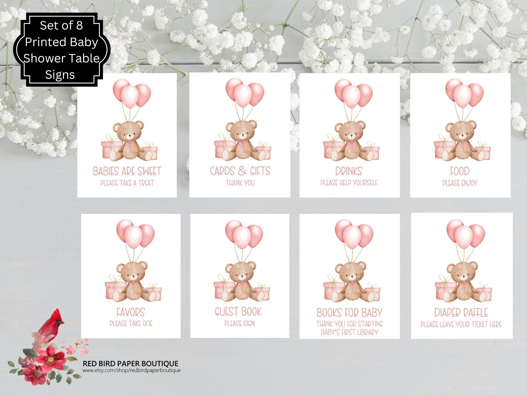 Set of Girl Bear Baby Shower Party Signs, Bear With Pink Balloons, Girl ...