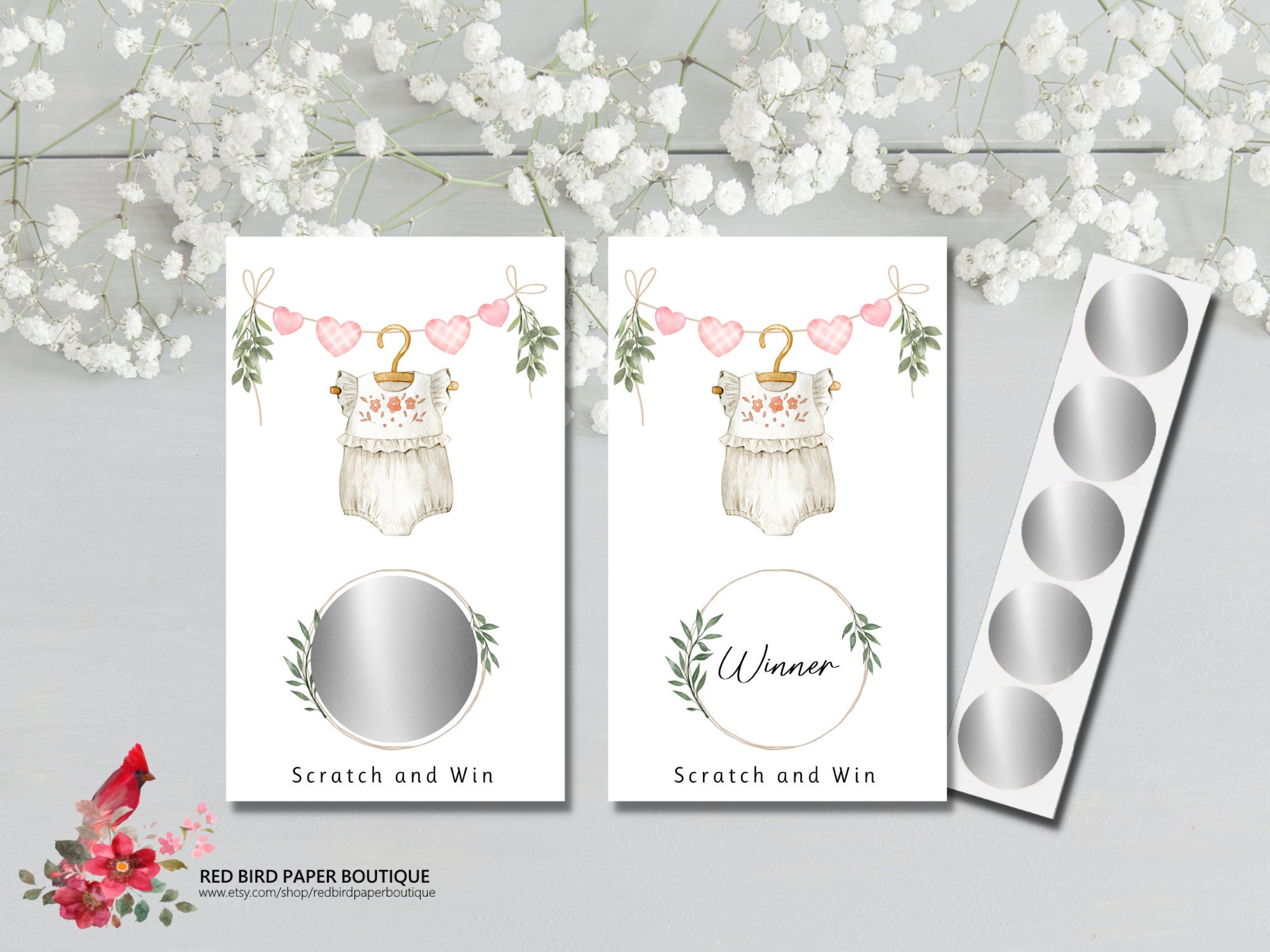 Boho Girl Baby Shower, Scratch off Game, Pink Heart Baby Clothesline ...