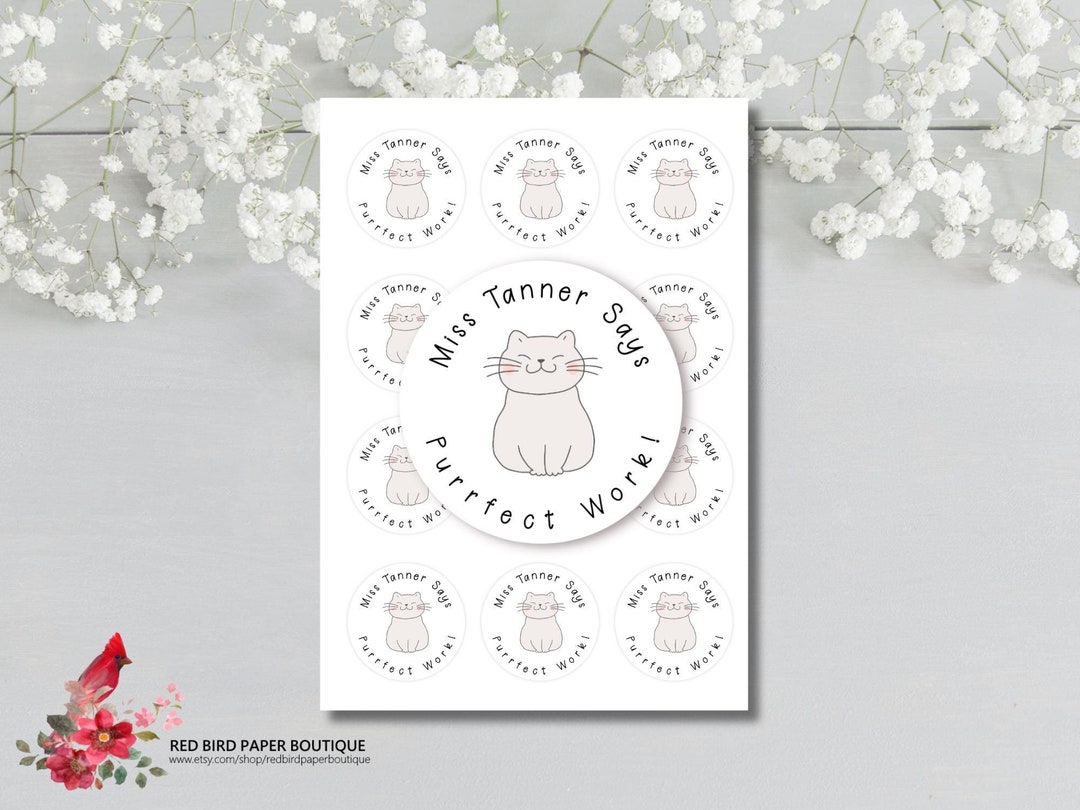 Purrfect Work! Cute Cat, Personalized Elementary School Teacher Sticker ...