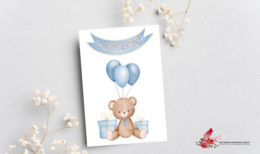 Baby Congratulations Boy Bear Card, Bear With Balloons, Boy Baby Shower ...