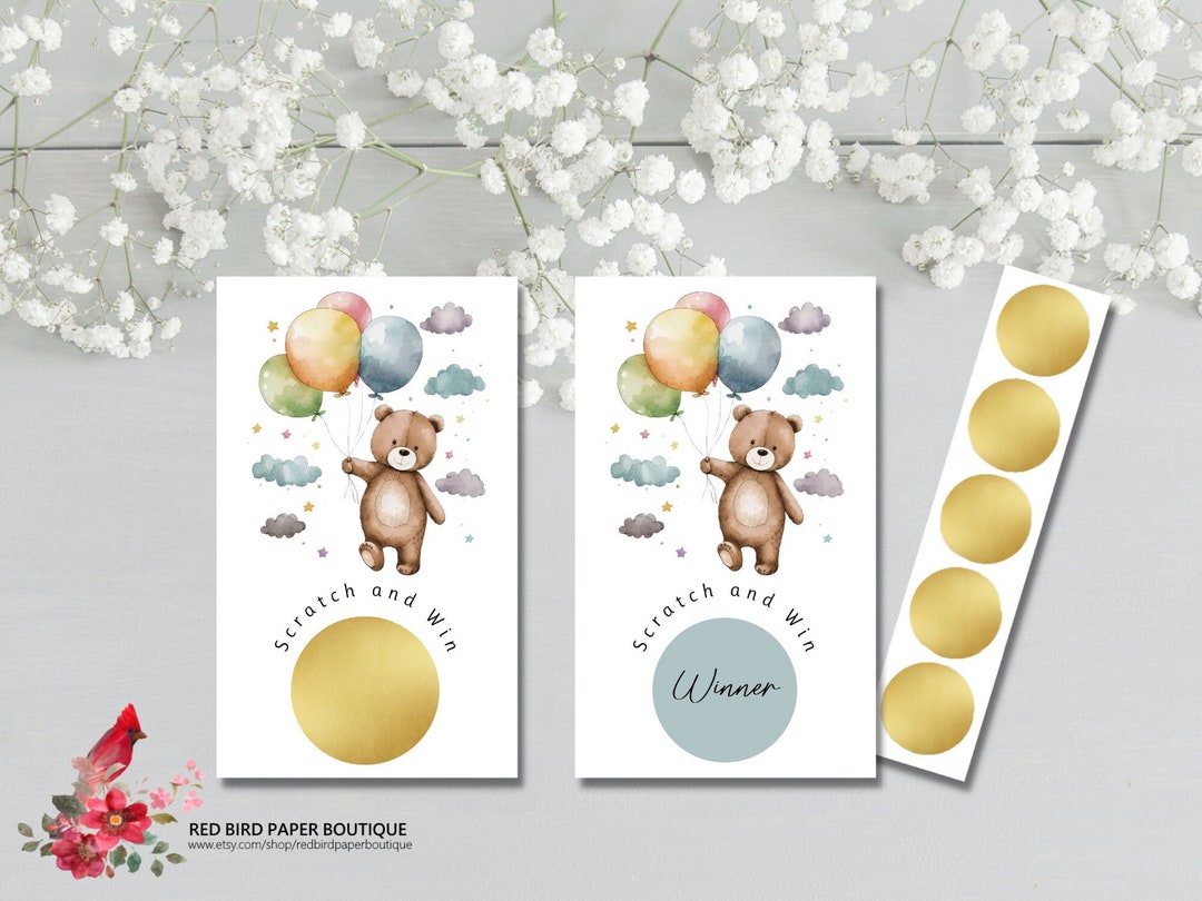 Bear With Balloons Baby Shower Scratch off Game, Scratch off Stickers ...