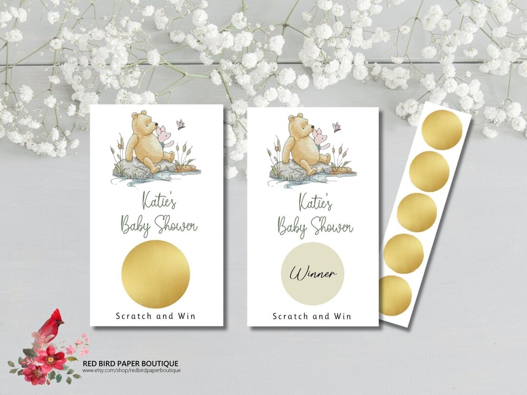 Classic Watercolor Winnie Baby Shower Scratch off Game, Personalized ...