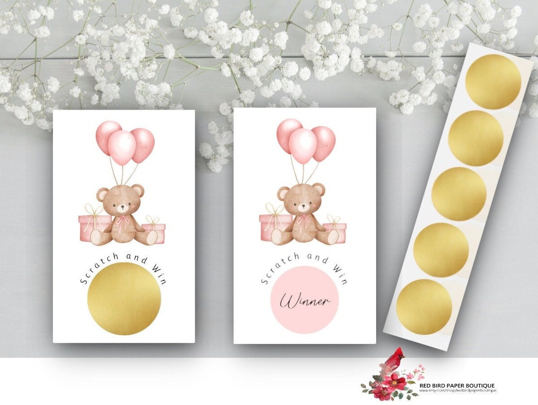 Girl Bear W/pink Balloons, Baby Shower Scratch off Game, Scratch off ...
