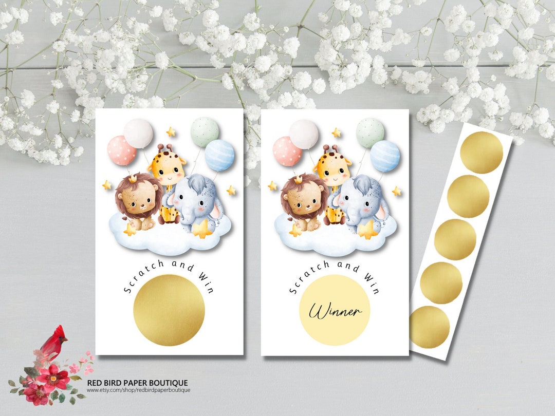 Baby Shower Scratch off Game, Baby Zoo Animals With Balloons, Scratch ...