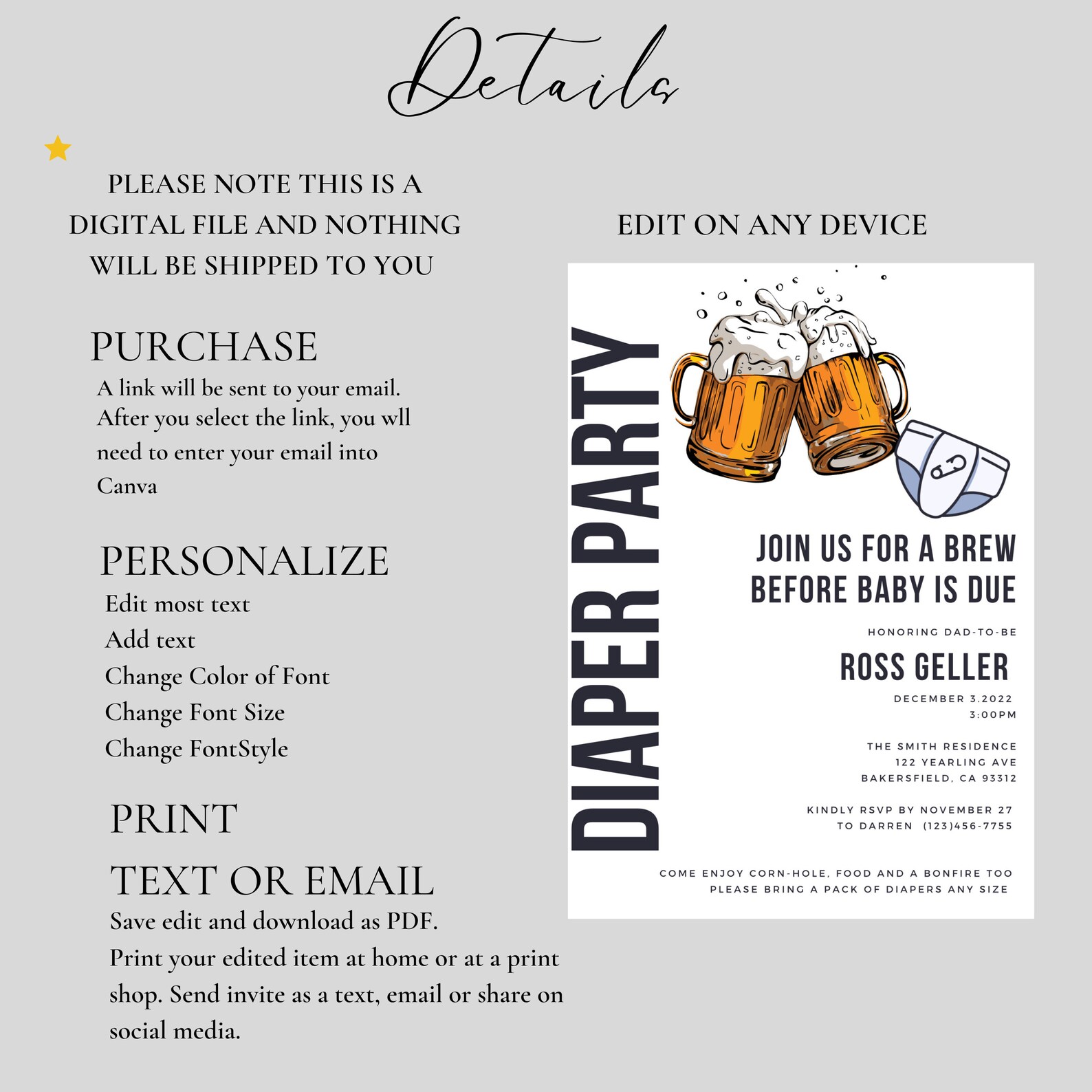 Diaper Party Invitation Template: Brews & Diapers (editable, Instant ...