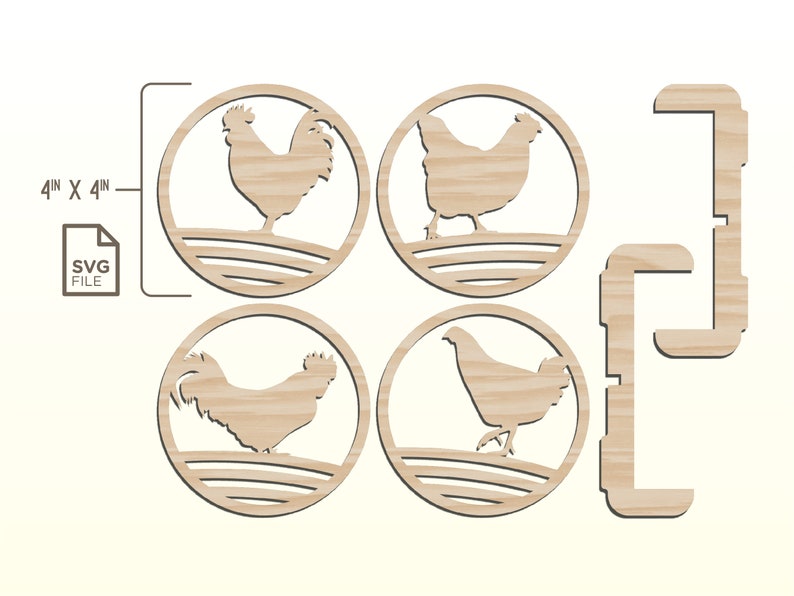 4 Chicken Rooster Coaster Designs, Laser Cut File, SVG, Vector ...