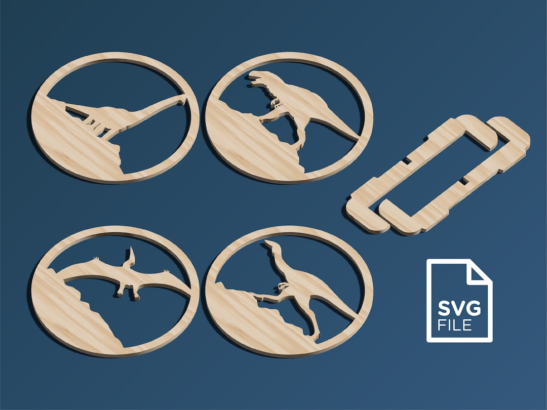 4 Dinosaur Coaster Designs, Laser Cut File, SVG, Vector, Glowforge ...
