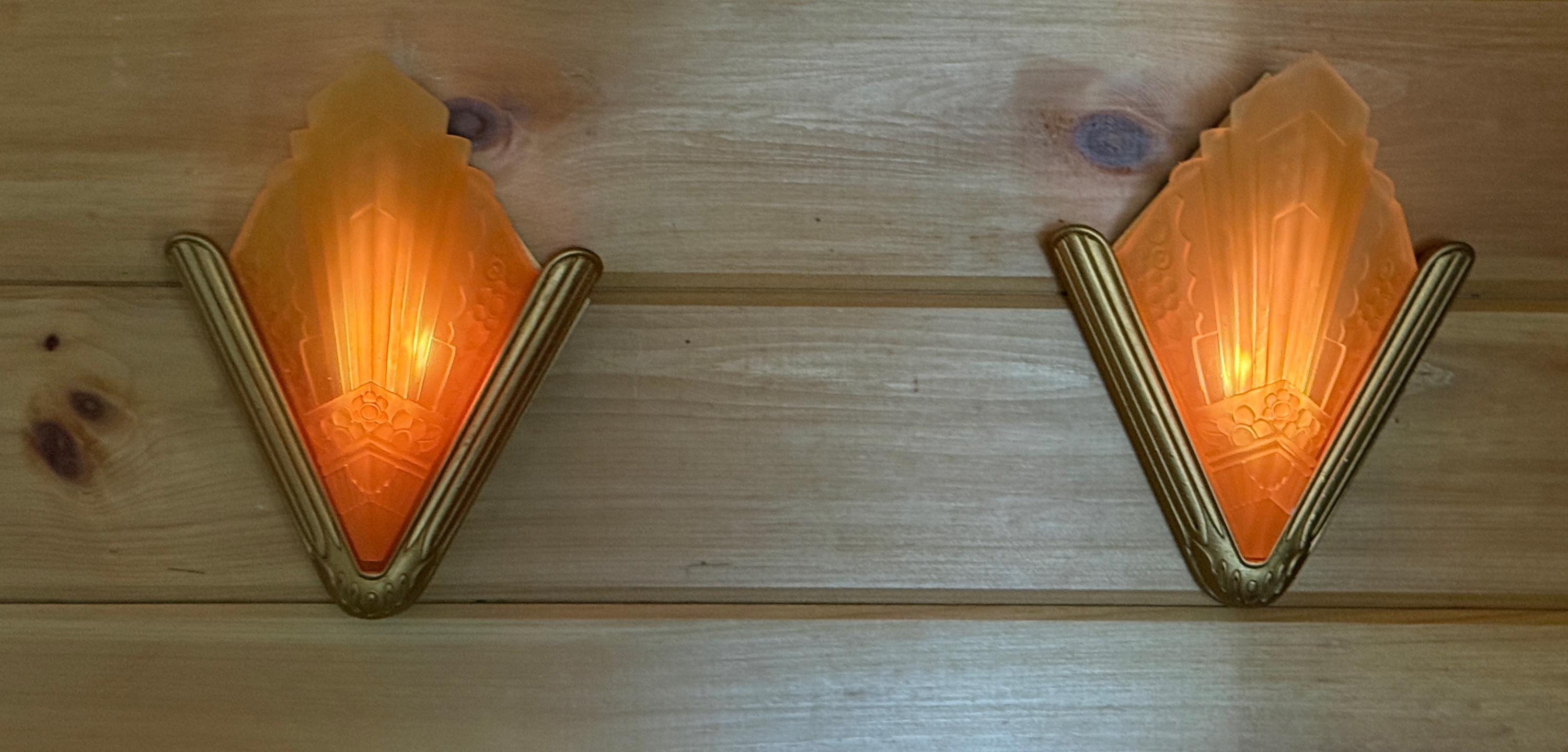 Pair of 2 Art-deco Slip-shade Sconces With a Amber Tinted Shade That ...