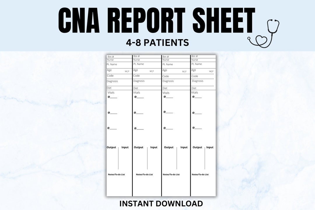 Nurse Assistant Report Sheet, CNA Brain Sheet, PCA Shift Tracker ...