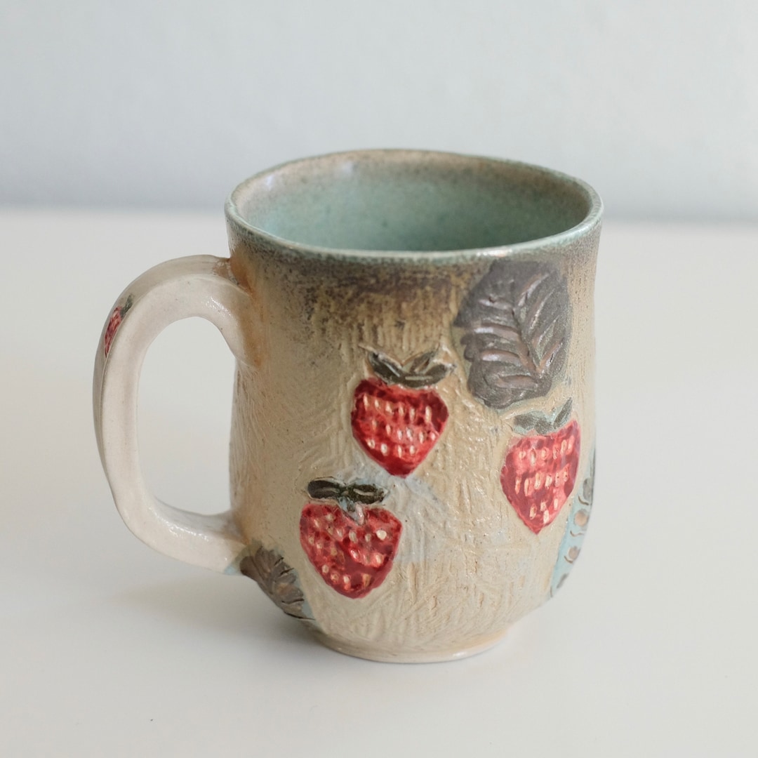 Coffee Mug, Strawberries, Strawberry Fruit Garden Painted, Carved Clay ...