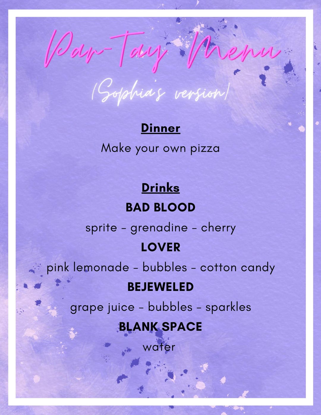 Swifty Par-tay Menu With Drink Ideas - Downloadable and Editable - Etsy