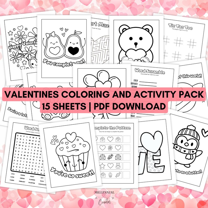 Valentines Coloring and Activity Pack, 15 Printable Sheets, Valentines ...