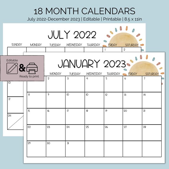 2022-2023 Editable Printable Calendars 18 Month Calendars - Etsy México