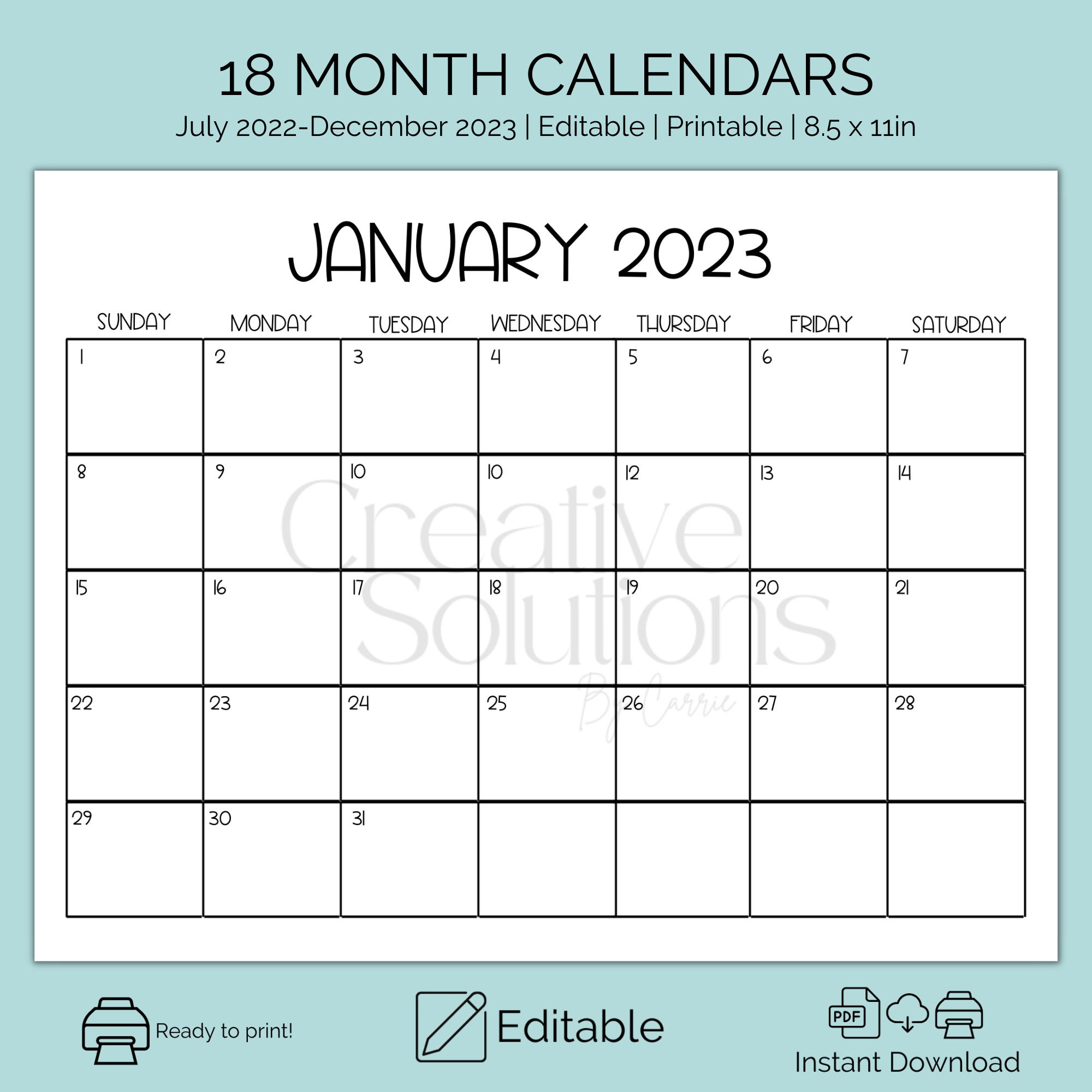 2022-2023 Editable Printable Calendars 18 Month Calendars - Etsy