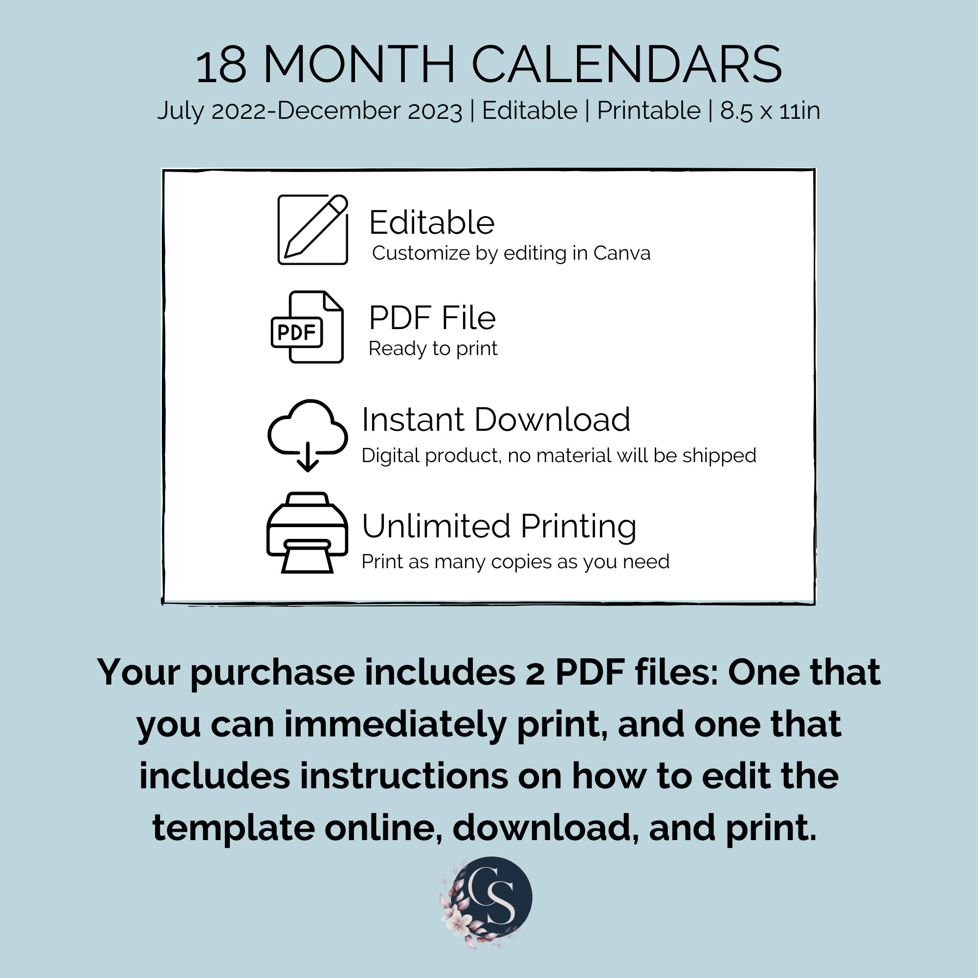 2022-2023 Editable Printable Calendars 18 Month Calendars - Etsy Finland