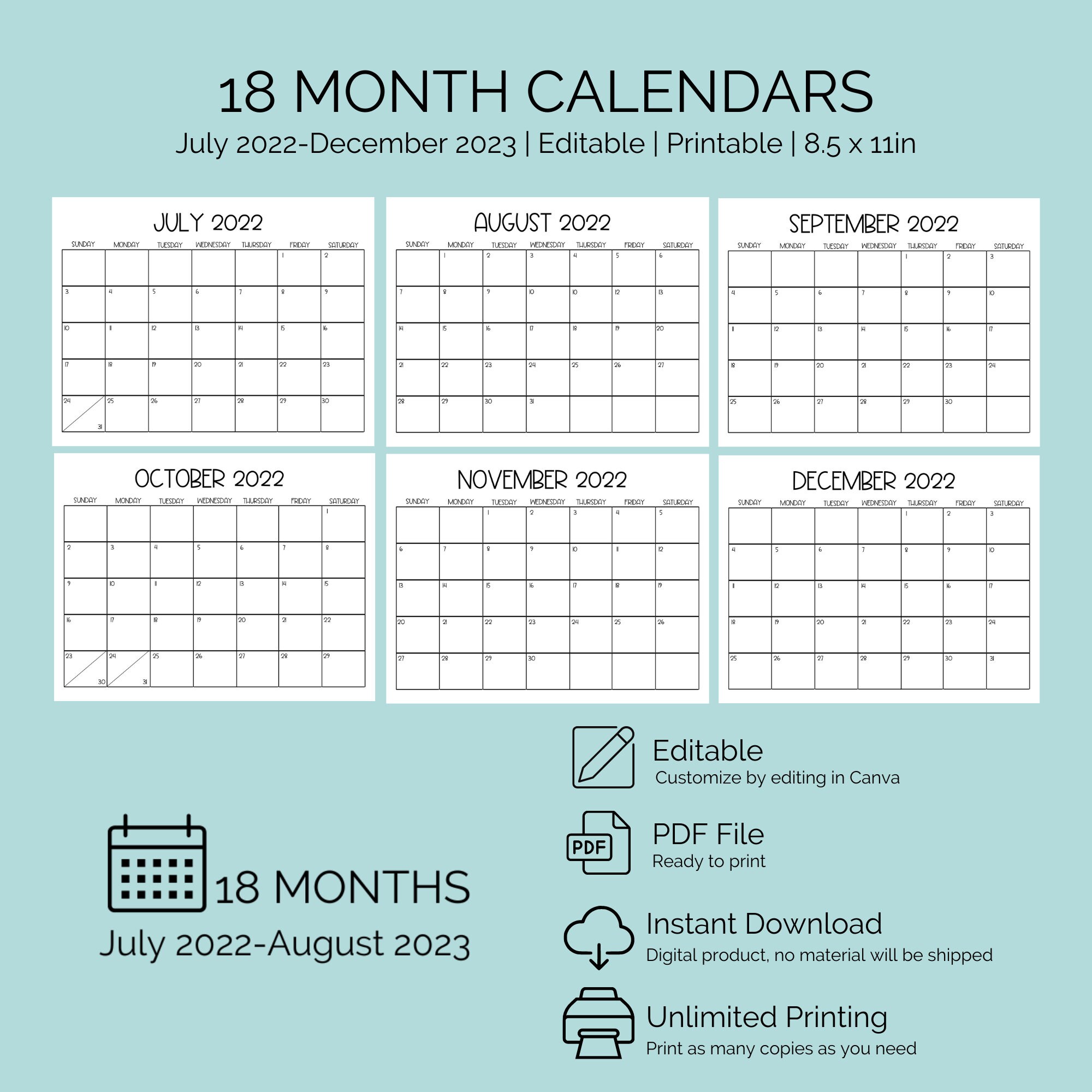2022-2023 Editable Printable Calendars 18 Month Calendars - Etsy