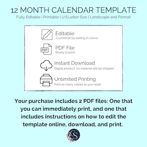 Monthly Blank Calendar Template, Editable, 12 Month Blank Calendars ...