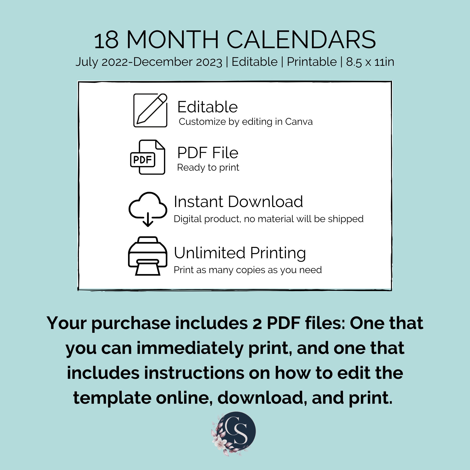 2022-2023 Editable Printable Calendars 18 Month Calendars - Etsy
