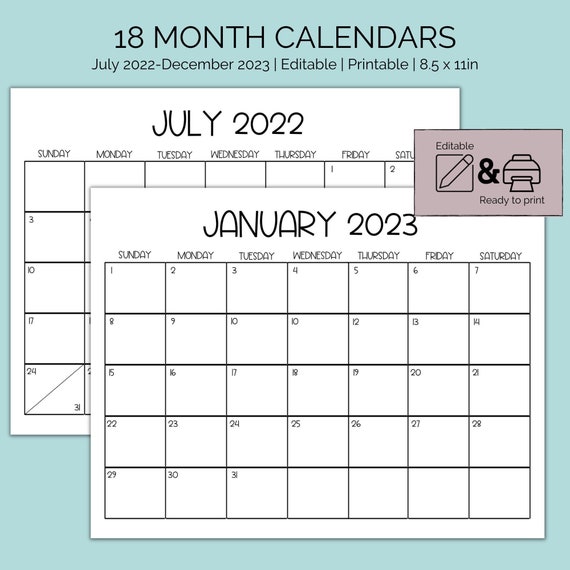 2022-2023 Editable Printable Calendars 18 Month Calendars - Etsy