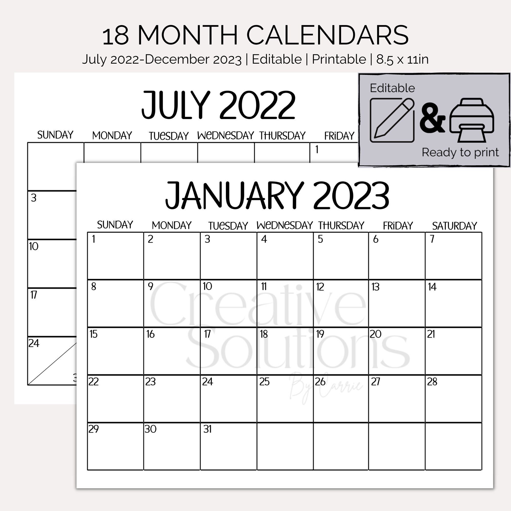 2022-2023 Editable Printable Calendars 18 Month Calendars - Etsy España