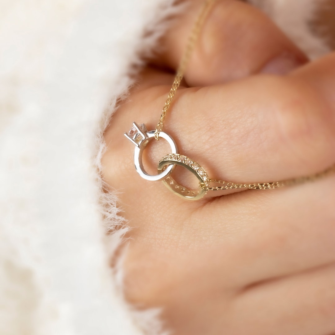 Wedding Rings Pendant, 14K Solid Gold CZ Adjustable Length Two Tone ...