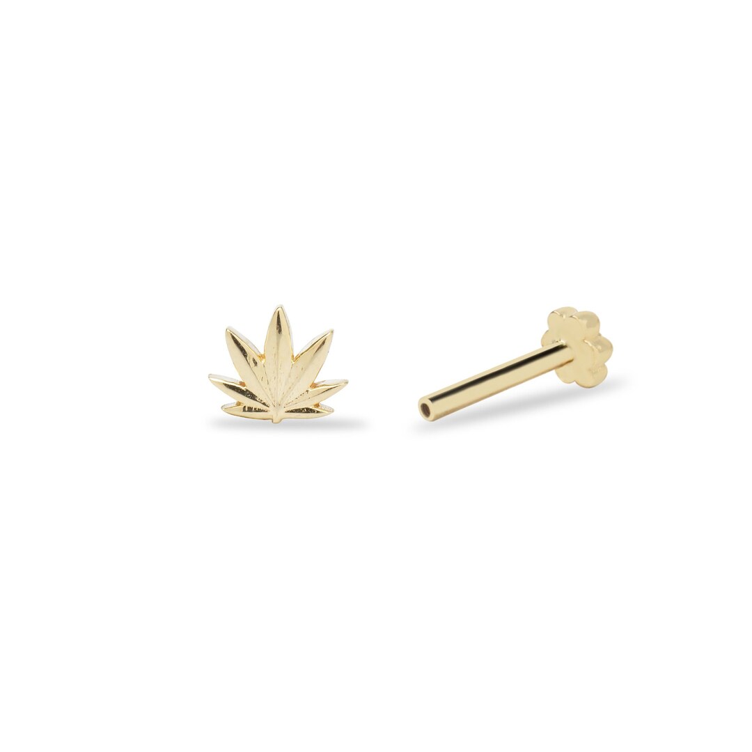 14K Gold Marijuana Screw Back Piercing, Handmade Cannabis Earring ...
