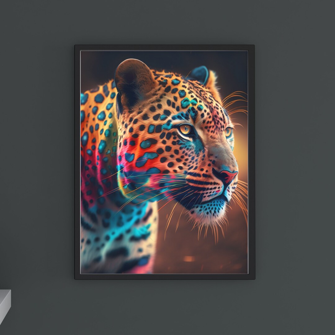 Colorful Leopard Digital Art Print, Golden Leopard Wall Art, Leopard ...