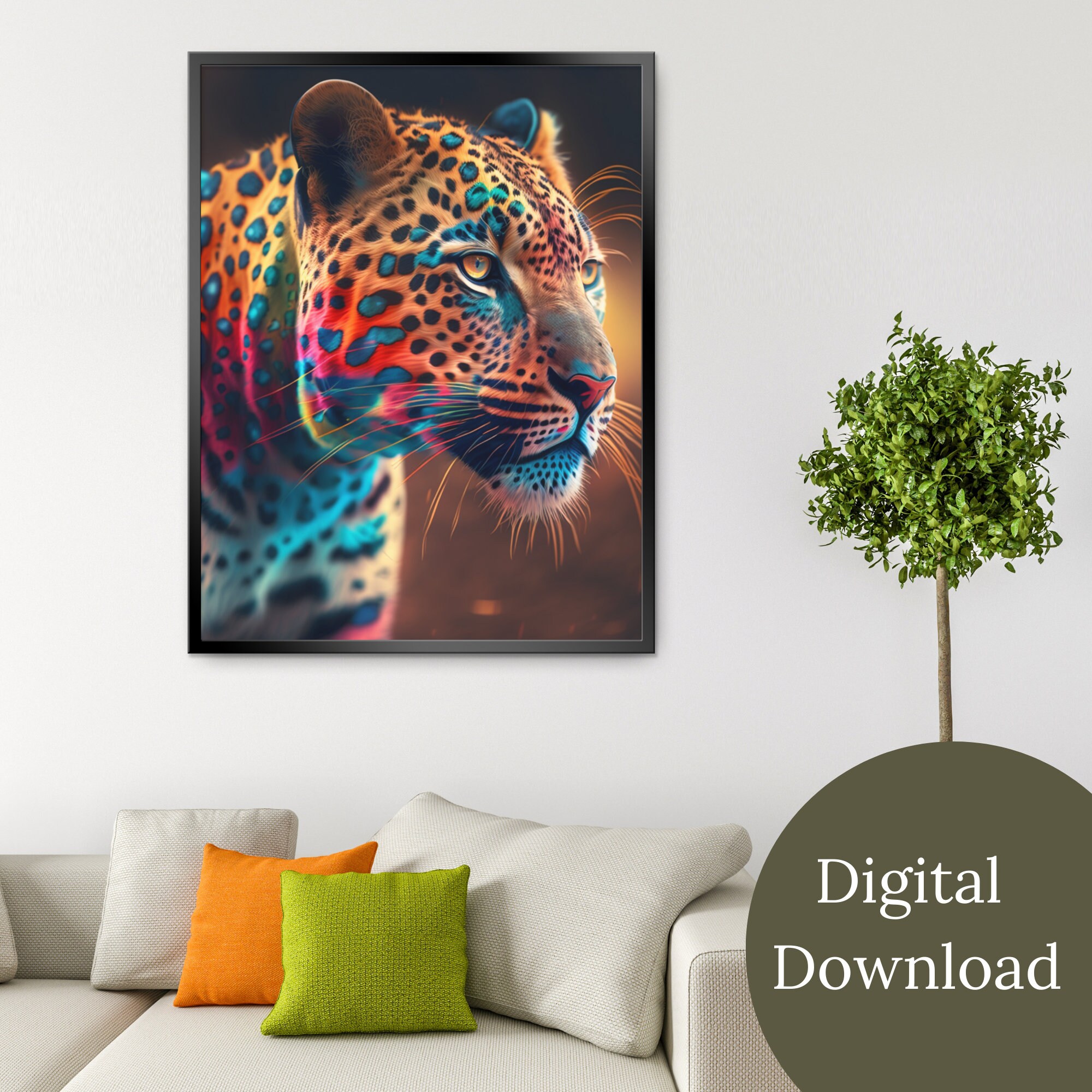 Colorful Leopard Digital Art Print, Golden Leopard Wall Art, Leopard ...