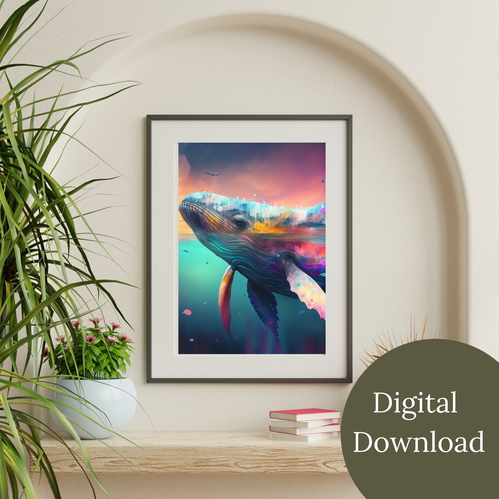 Rainbow Whale Digital Download Art Print Ocean Themed Wall Art for Home ...