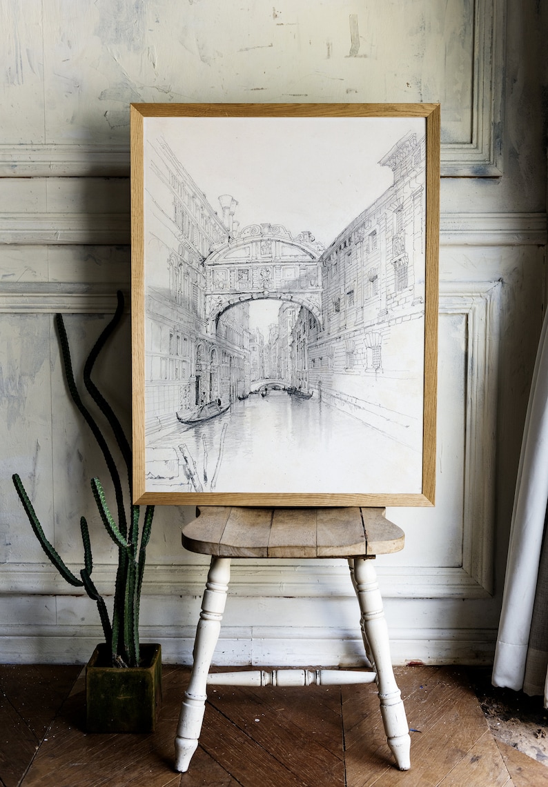 Schizzo vintage del Ponte dei Sospiri / Paesaggio urbano di Venezia ...