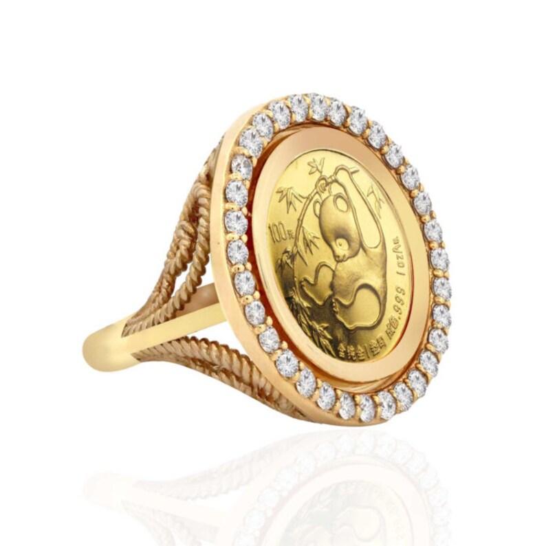 14k Yellow Gold Panda Coin Ring: 1.10ct Diamond Unisex Jewelry - Etsy