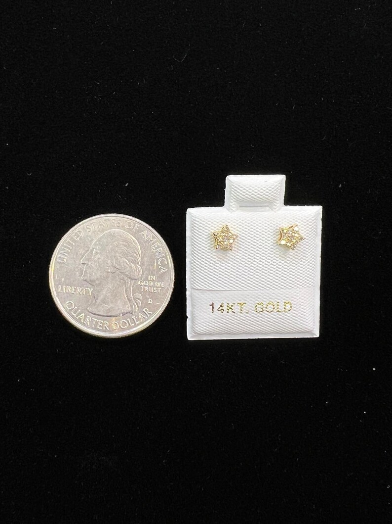 14k Yellow Gold Tiny Stars Diamond Clusters Stud Earrings, Genuine ...