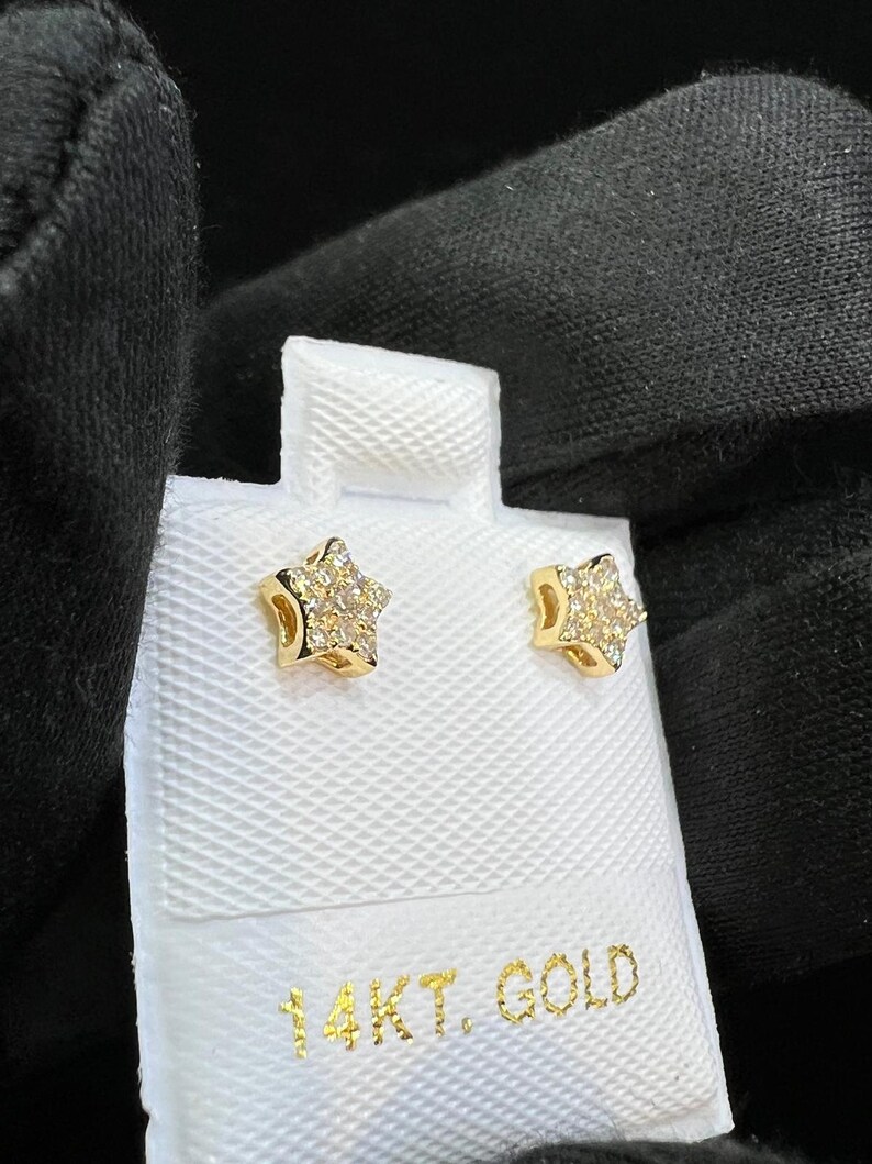 14k Yellow Gold Tiny Stars Diamond Clusters Stud Earrings, Genuine ...
