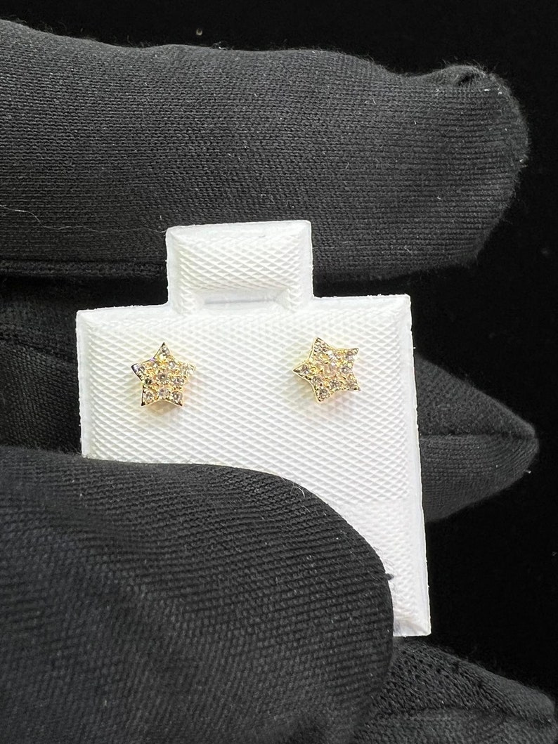 14k Yellow Gold Tiny Stars Diamond Clusters Stud Earrings, Genuine ...