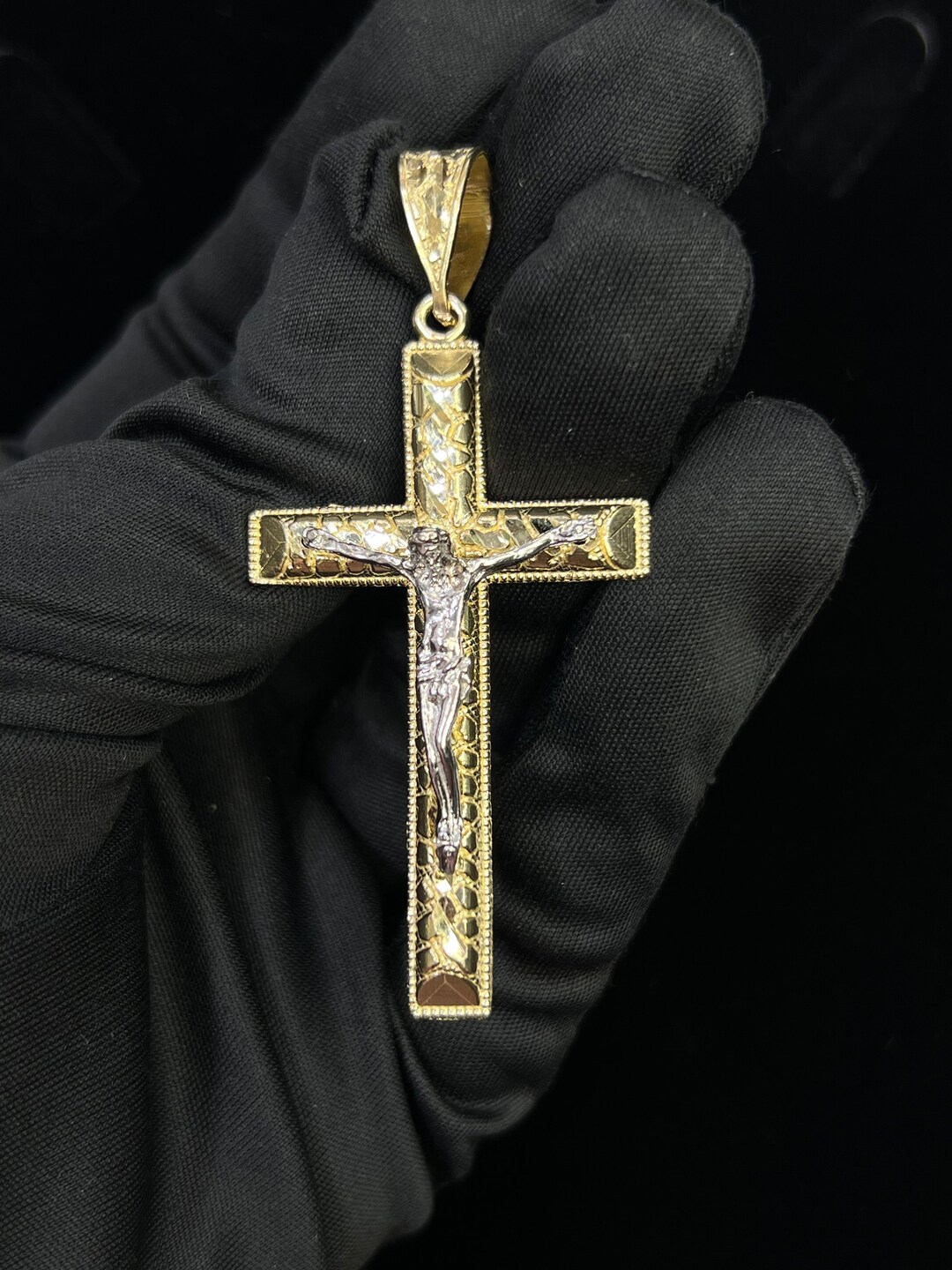 14k Two Tone Gold Textured Cross Crucifix Pendant, Religious, Hiphop ...