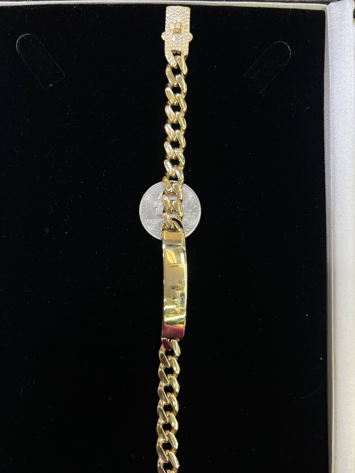 14k Yellow Gold Miami Cuban Chain Bracelet With Gold Bar - Etsy