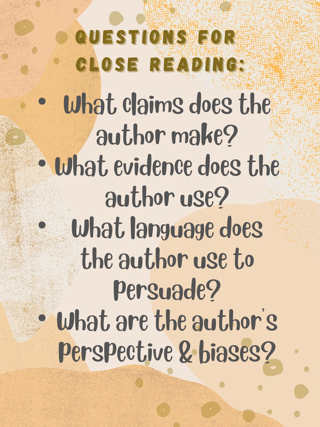 Questions for Close Reading Poster - Etsy