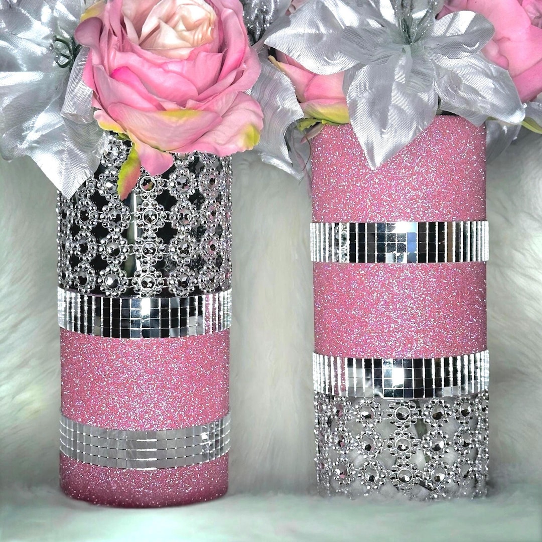 Glitter Vase Set: Mirror Tile & Rhinestone Flower Centerpiece - Etsy