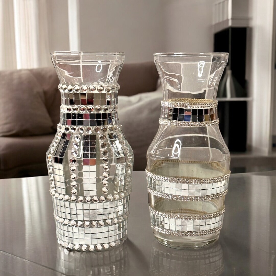 Glass Vase With Mirror Tile and Rhinestones, Luxury Home Decor, Bling ...