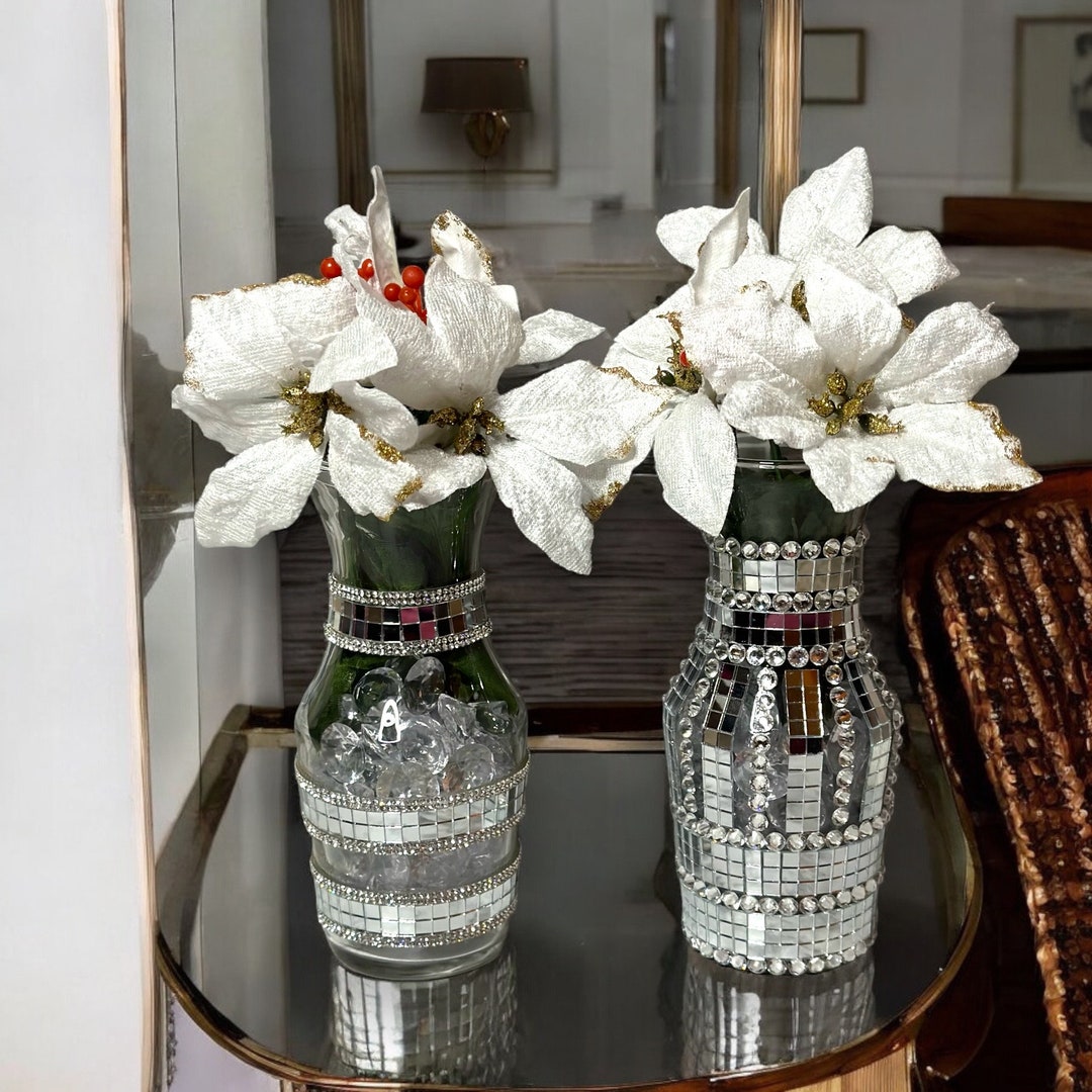 Glass Vase With Mirror Tile and Rhinestones, Luxury Home Decor, Bling ...