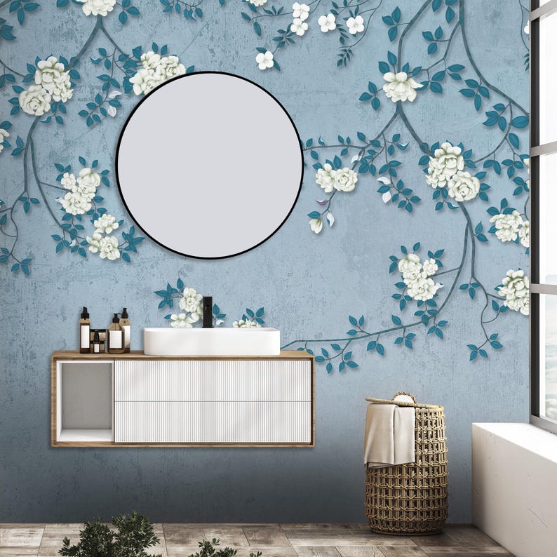 Blue Background Chinoiserie Peel and Stick Wall Mural Floral Wallpaper ...