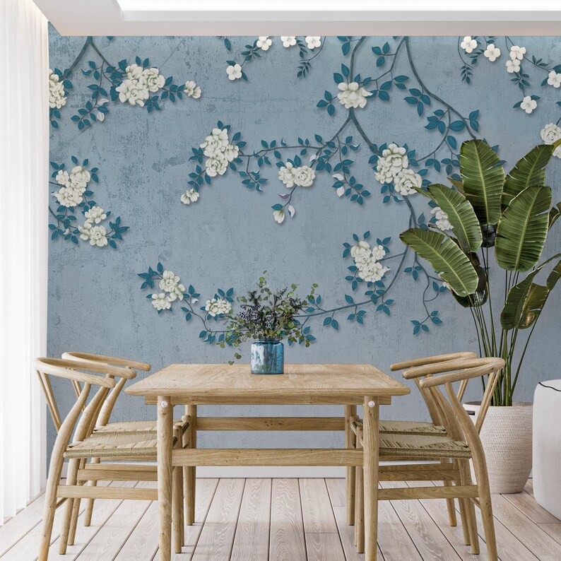 Blue Background Chinoiserie Peel and Stick Wall Mural Floral Wallpaper ...