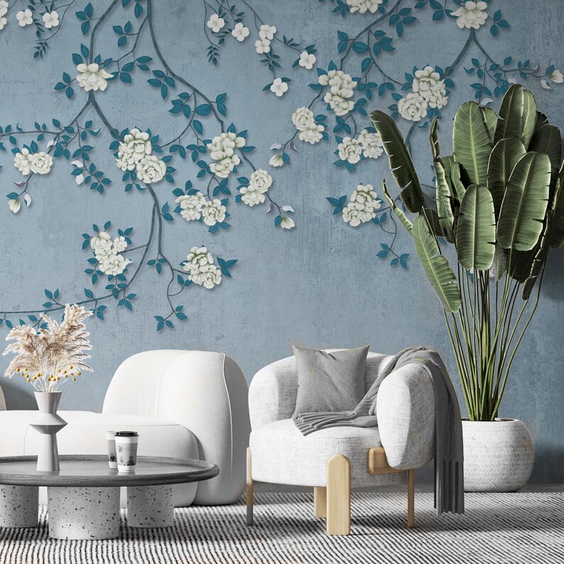 Blue Background Chinoiserie Peel and Stick Wall Mural Floral Wallpaper ...