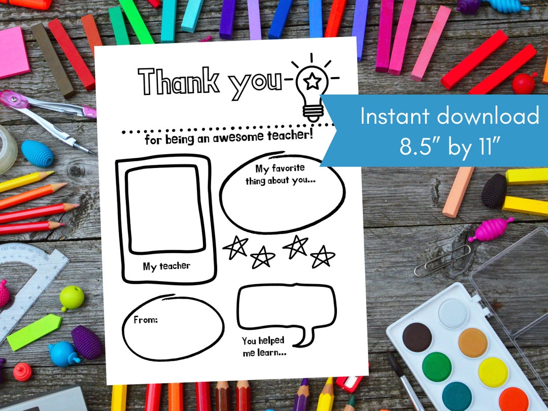 Kids Color Your Own Teacher Appreciation Day Card 4 Options - Etsy