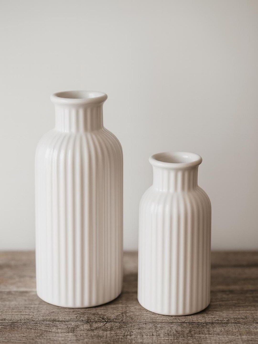 White Ceramic Bud Vases Ribbed Set of 2, Wedding Centerpiece Decor ...