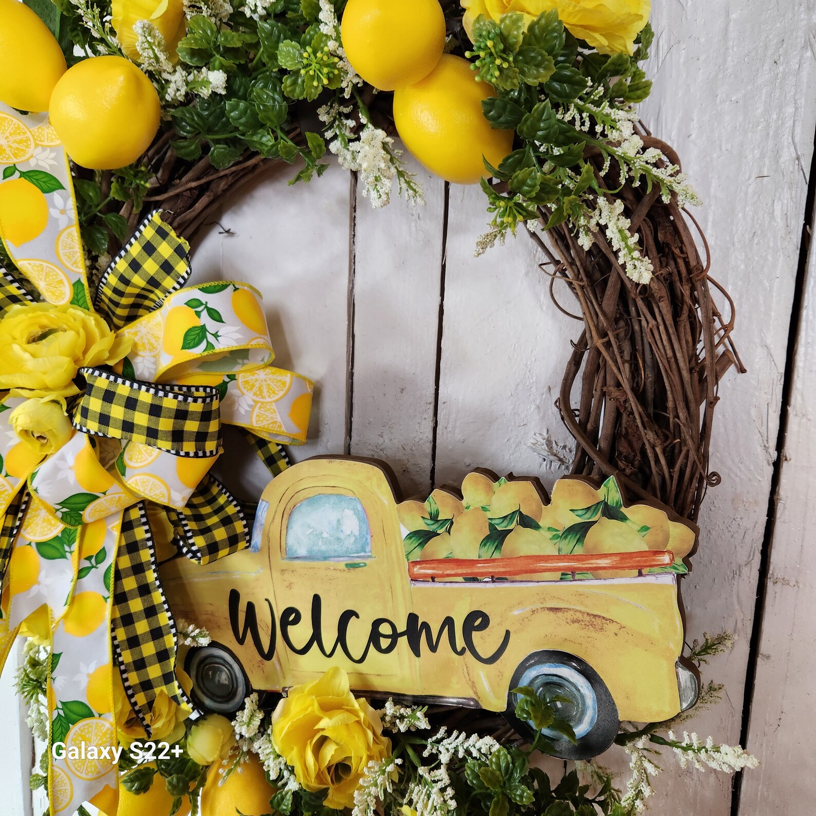 Lemon Front Door Wreath, Country Gingham Porch Decor, Vintage Truck ...