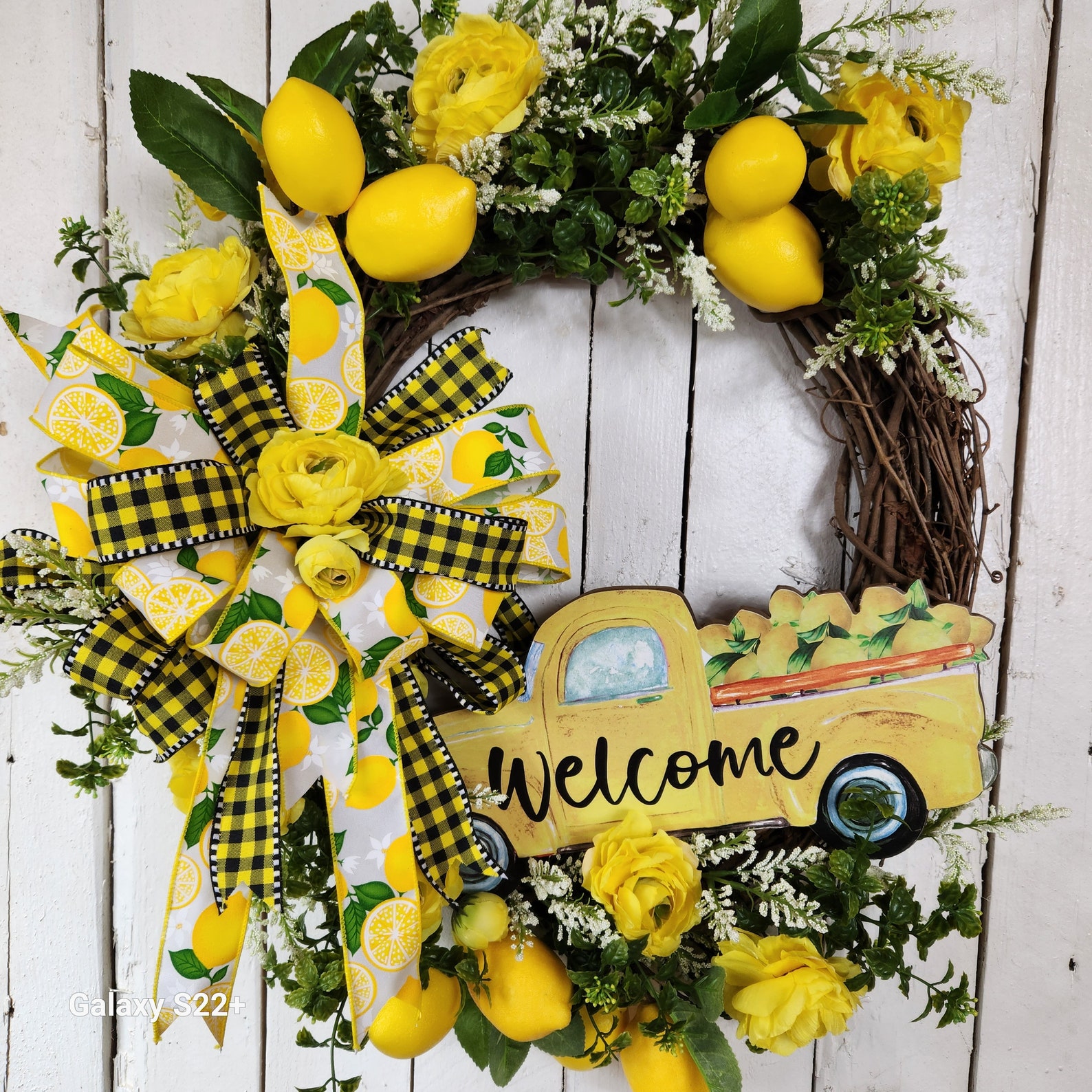 Lemon Front Door Wreath, Country Gingham Porch Decor, Vintage Truck ...