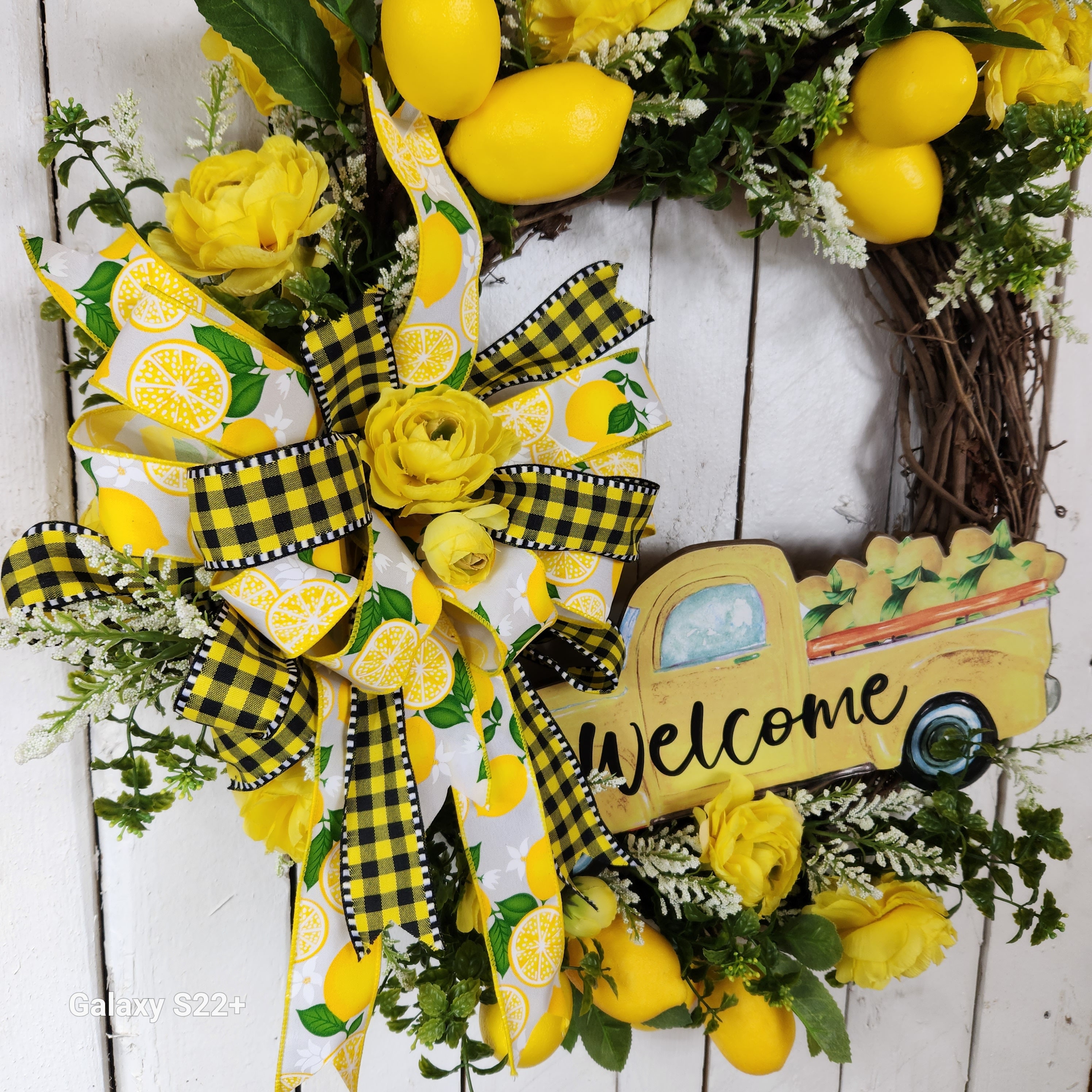 Lemon Front Door Wreath, Country Gingham Porch Decor, Vintage Truck ...